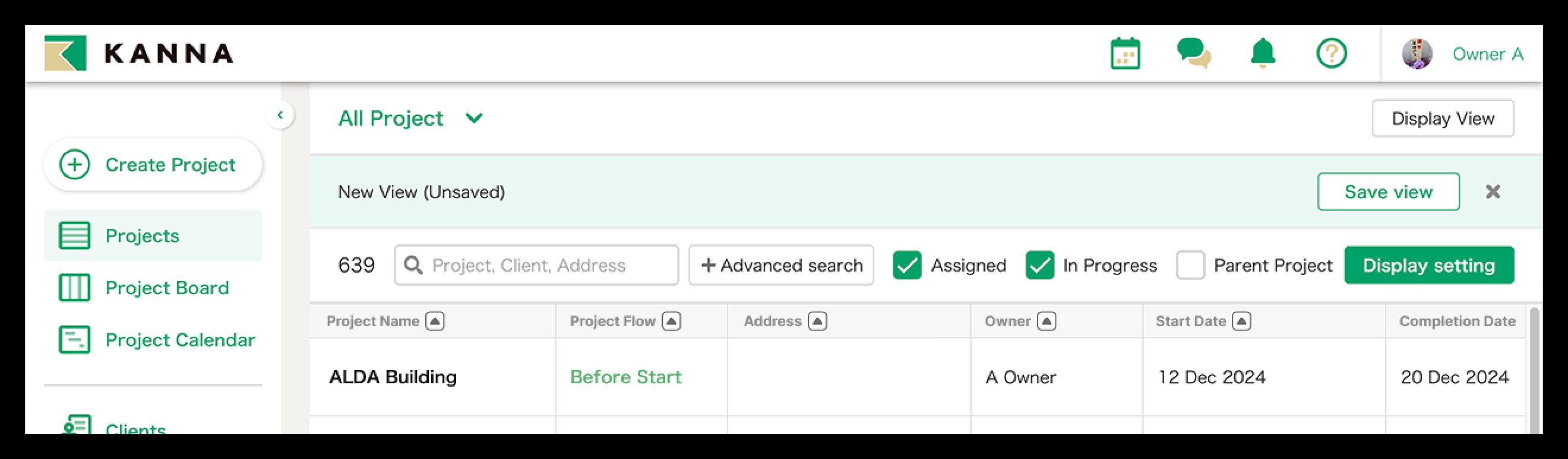Saving search criteria in the Project list (create view) – KANNA FAQ