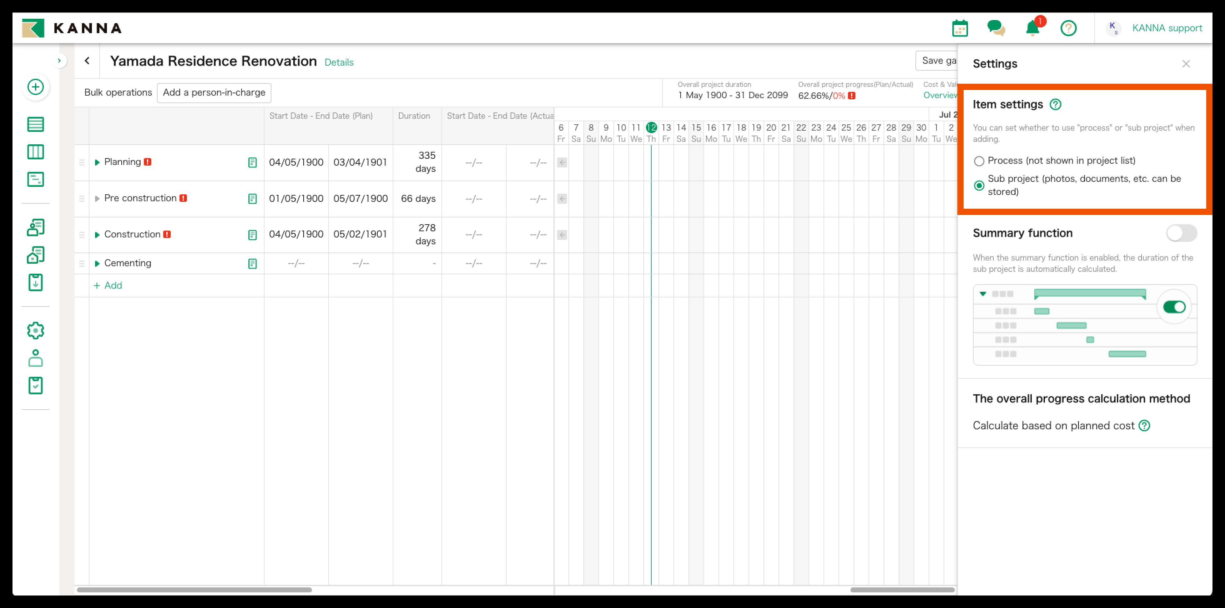 The Gantt Chart feature – KANNA FAQ